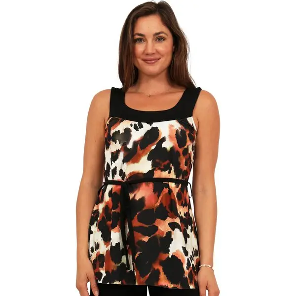 24SEVEN COMFORT APPAREL Essential Cheetah Print Scoop Neck Sleeveless Waist Tie Top - White Multi