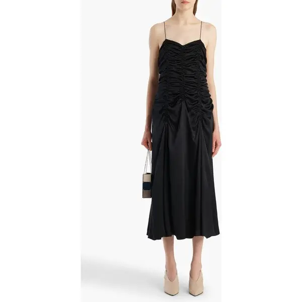 Khaite Raina Ruched Silk Midi Slipdress - Black