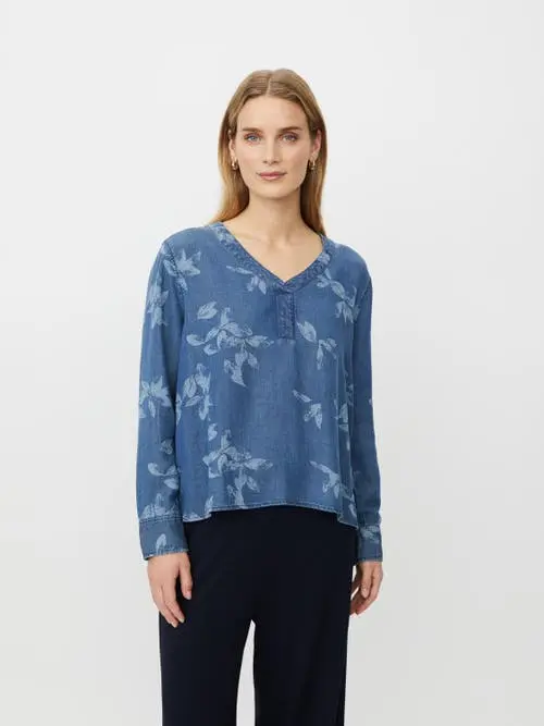 MASAI COPENHAGEN Denim Floral Print V-neck Blouse - Blue Denim