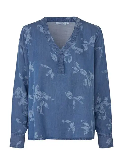 MASAI COPENHAGEN Denim Floral Print V-neck Blouse