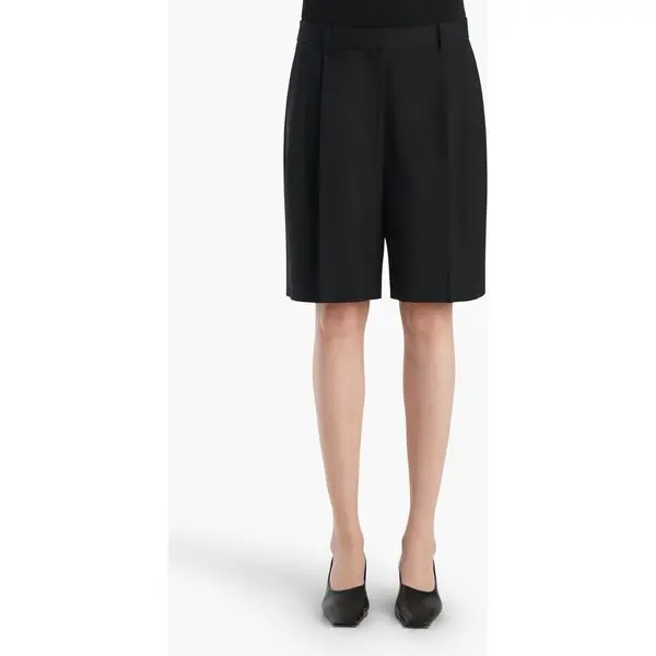 Khaite Auggie Pleated Wool Wide Leg Shorts - Black