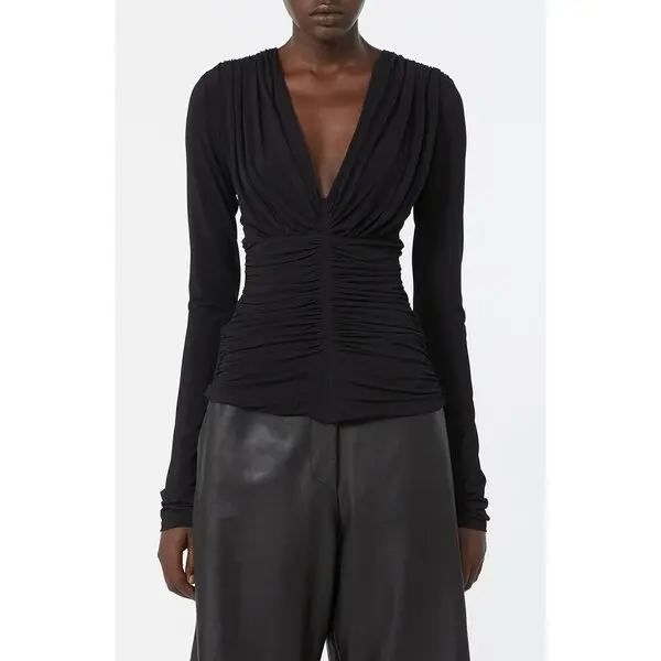 Sportmax Ruched V-neck Long Sleeve Jersey Top - Black