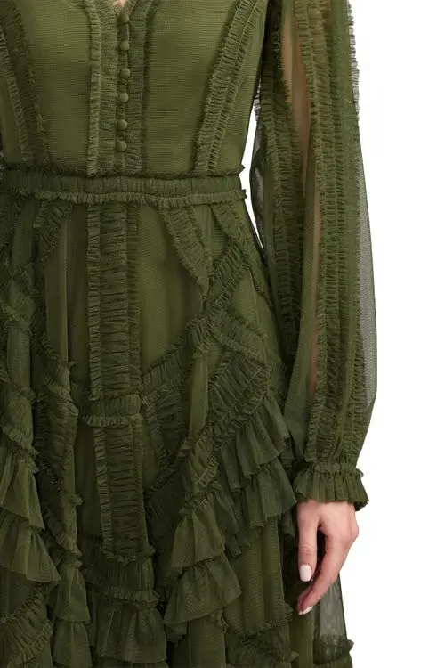 Mac Duggal V-neck Mesh Midi Dress With Ruffled Trim - Olive