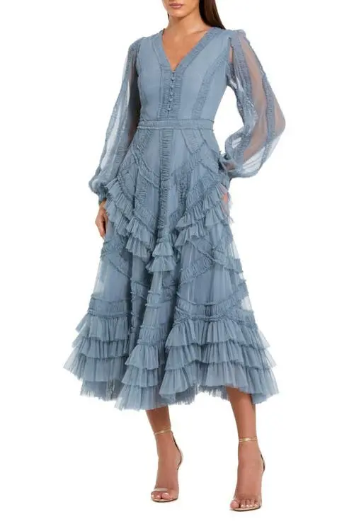 Mac Duggal V-neck Mesh Midi Dress With Ruffled Trim - Slate Blue