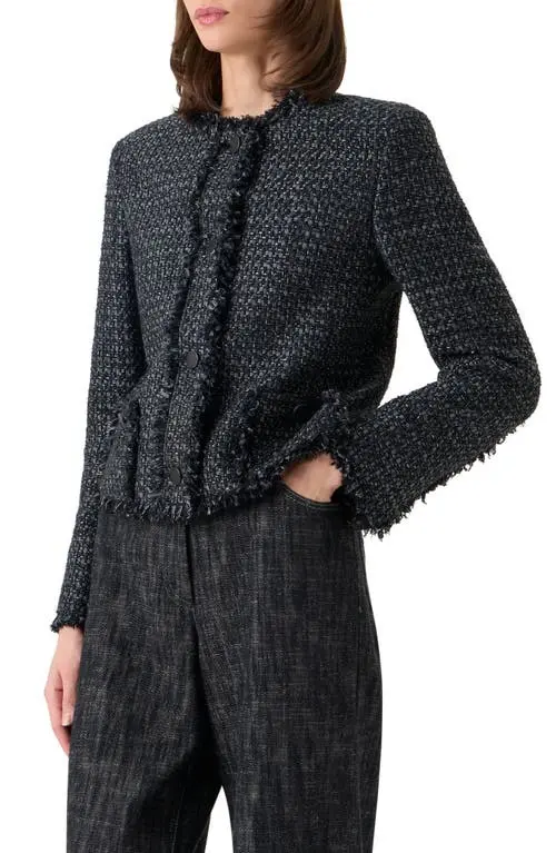 Akris Boxy Fringe Cotton Blend Tweed Jacket