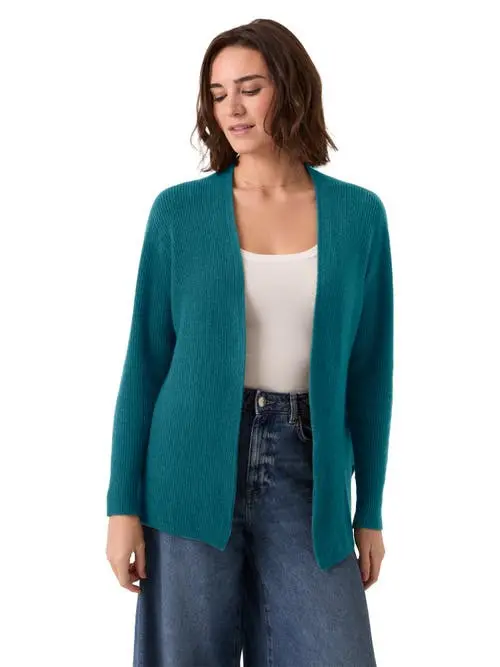 CELTIC & CO. Longline Ribbed Knit Open Front Cardigan - Teal