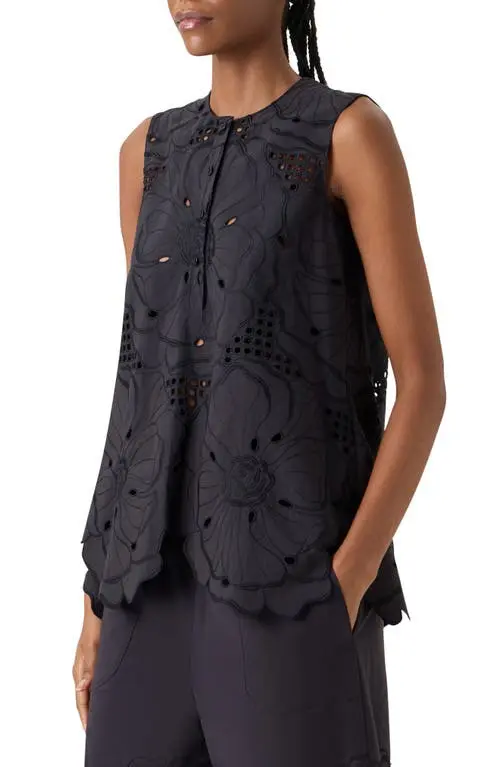 Akris Flower Eyelet Sleeveless Cotton Poplin Top