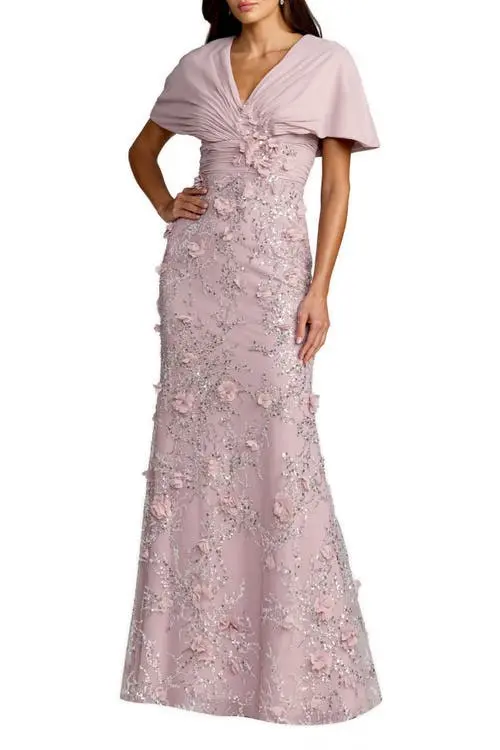 Mac Duggal Chiffon Faux Wrap Beaded Column Gown - Rose