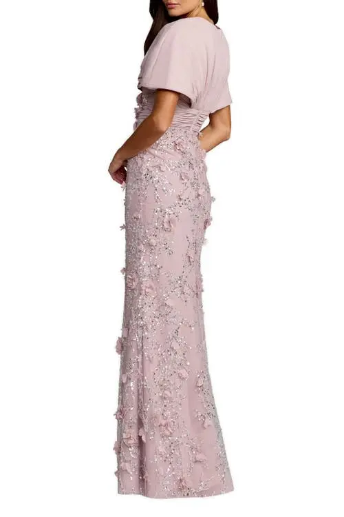 Mac Duggal Chiffon Faux Wrap Beaded Column Gown