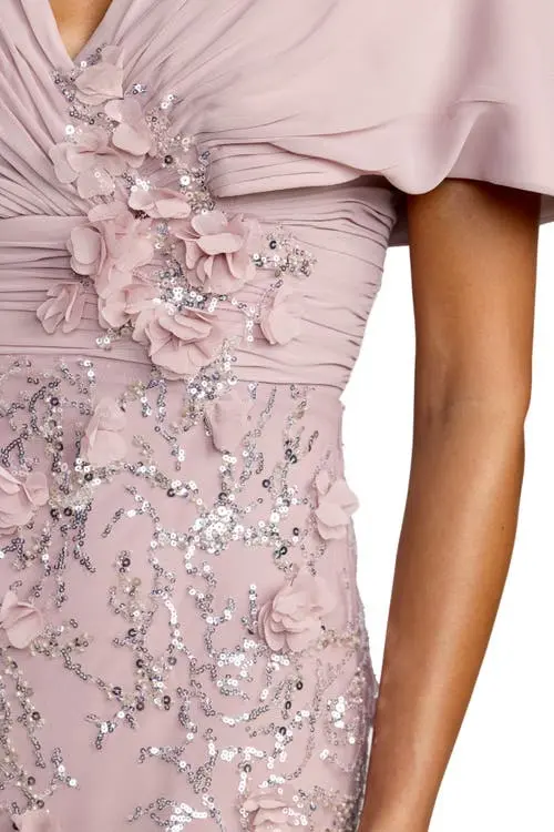 Mac Duggal Chiffon Faux Wrap Beaded Column Gown