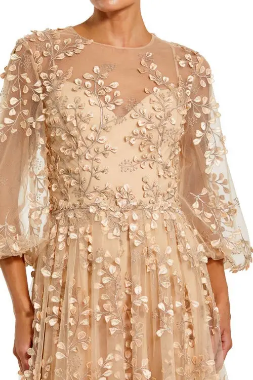 Mac Duggal Embroidered Puff Sleeve A-line Gown