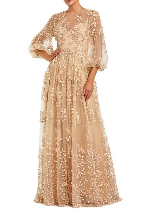 Mac Duggal Embroidered Puff Sleeve A-line Gown - Champagne
