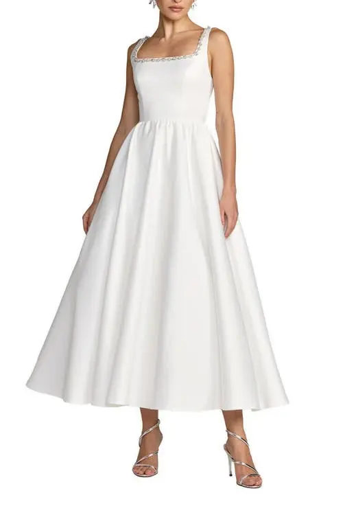 Mac Duggal Beaded Satin Sleeveless Midi Dress With Pockets - Ivory
