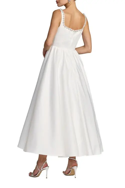 Mac Duggal Beaded Satin Sleeveless Midi Dress With Pockets