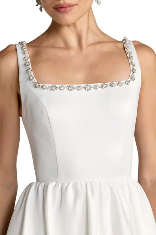 Mac Duggal Beaded Satin Sleeveless Midi Dress With Pockets