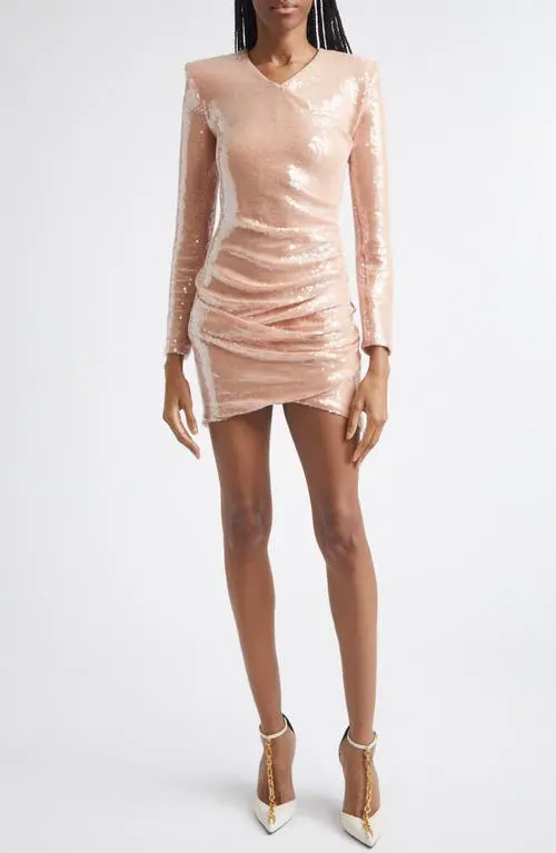Balmain Sequin Long Sleeve Minidress - 4hm Rose