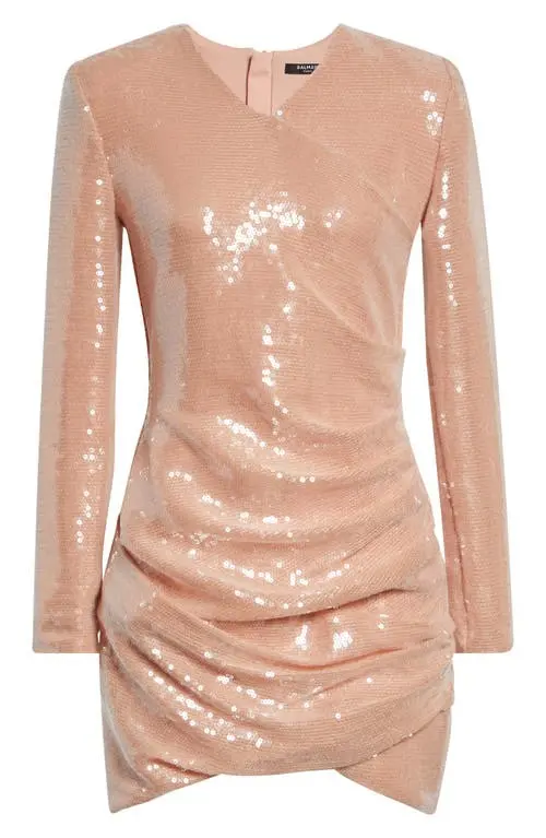 Balmain Sequin Long Sleeve Minidress - 4hm Rose
