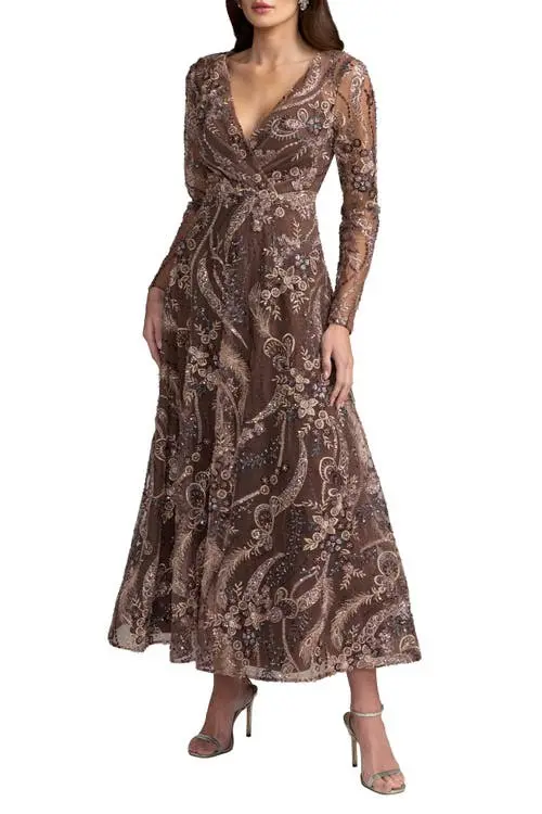Mac Duggal Embroidered V-neck Midi Dress - Chocolate