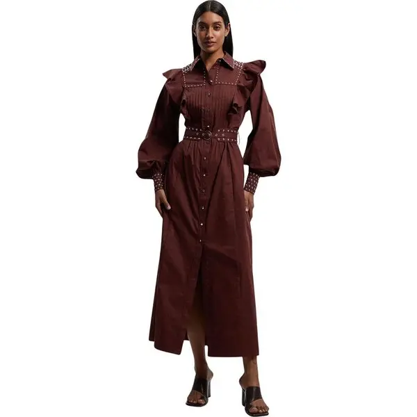 Karen Millen Cotton Studded Maxi Shirt Dress - Chocolate