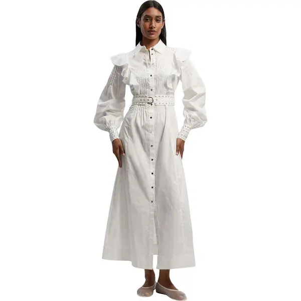 Karen Millen Cotton Studded Maxi Shirt Dress With Balloon Sleeves - White