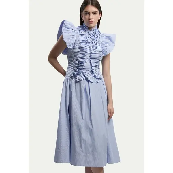Karen Millen High Neck Pleated Ruffle Midi Dress With Architectural Sleeves - Stripe