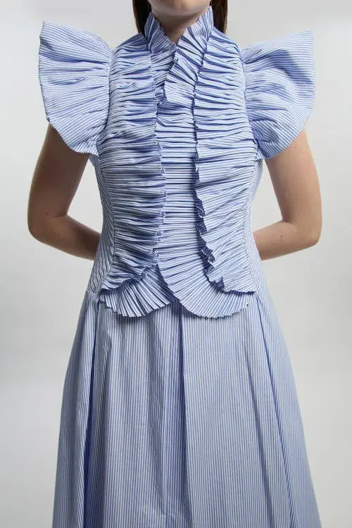 Karen Millen High Neck Pleated Ruffle Midi Dress With Architectural Sleeves