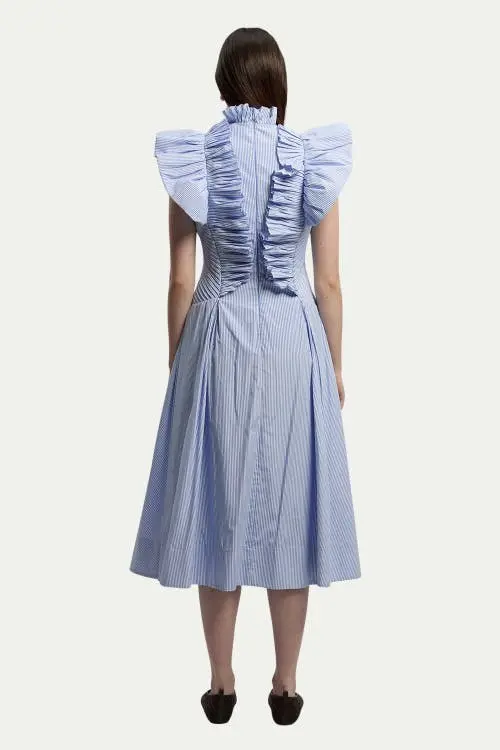 Karen Millen High Neck Pleated Ruffle Midi Dress With Architectural Sleeves