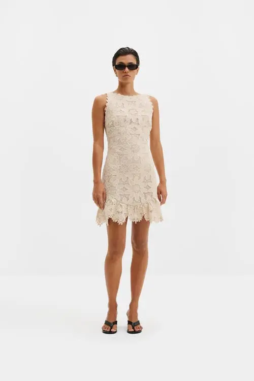 MALINA Miranda Ruffled Guipure Lace Mini Dress - Sand