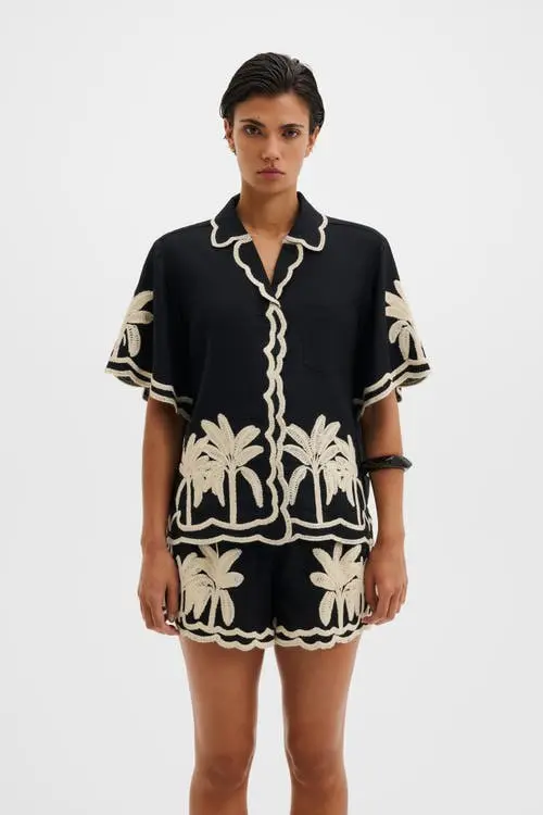 MALINA Armida Embroidered Short Sleeve Shirt - Black