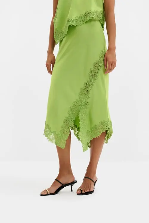 MALINA Heylin Asymmetric Lace Hem Midi Skirt - Lime