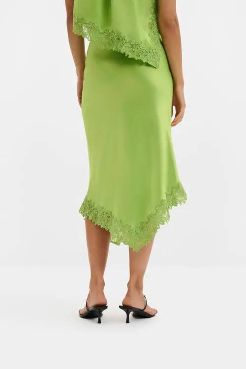MALINA Asymmetric Lace Hem Midi Skirt - Lime