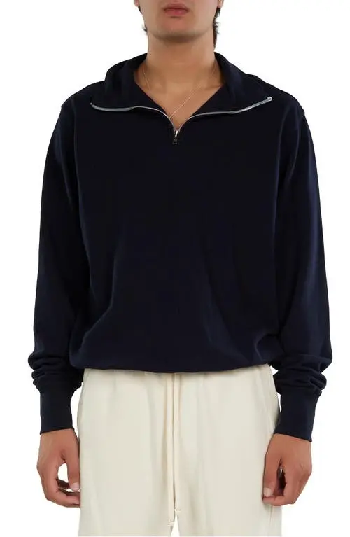 LES TIEN Pique Banded Half Zip Yacht Pullover - Navy