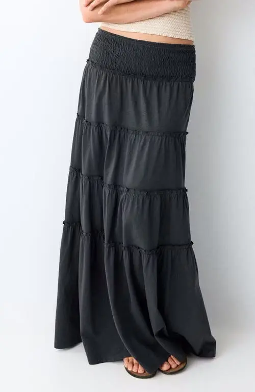 Mango Smocked Ruffle Maxi Skirt - Charcoal