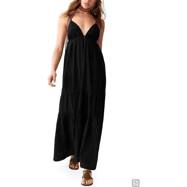 Mango Embroidered Cotton Maxi Sundress - Black