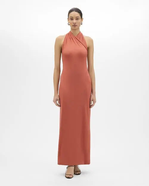 Another Tomorrow Gathered Halter Maxi Dress - Persimmon