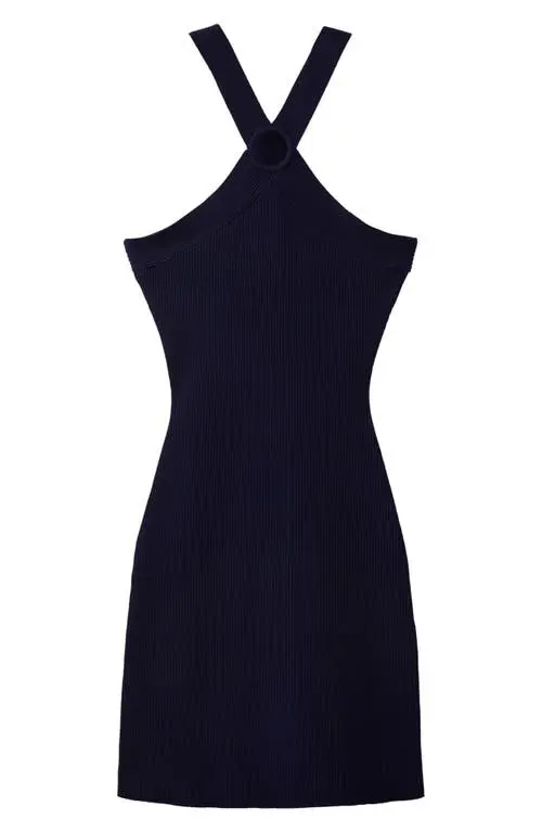 Mango Ribbed Halterneck O-ring Dress - Navy