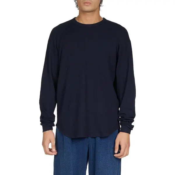 LES TIEN Double Jersey Baseball Hem Long Sleeve Tee - Navy