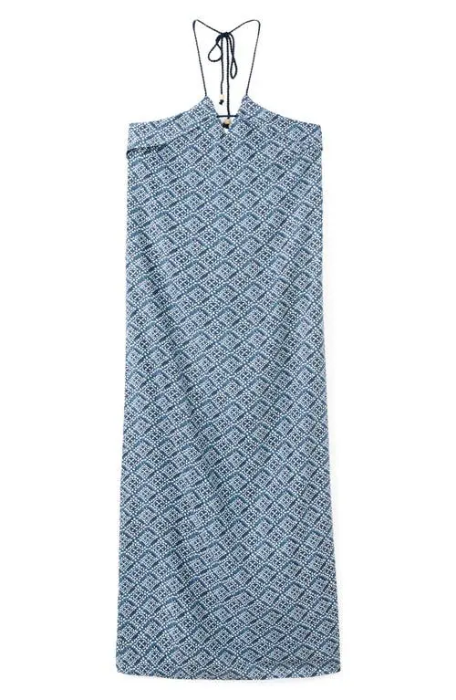 Mango Print Halter Neck Open Back Midi Dress - Navy