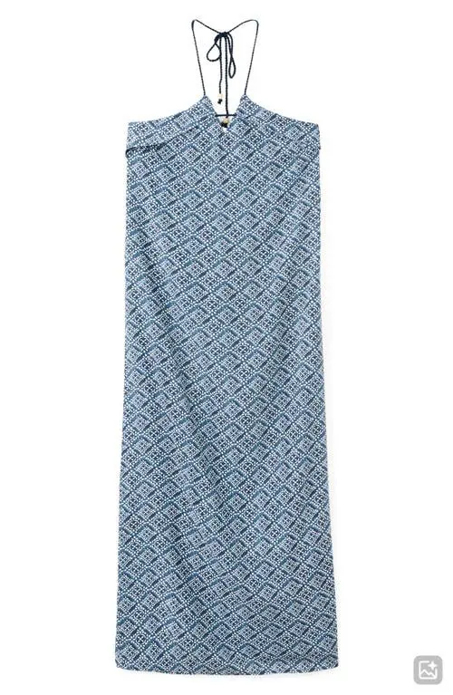 Mango Printed Halter Neck Open Back Midi Dress - Navy