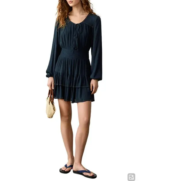 Mango Tie Front Beaded Tiered Mini Dress - Blue