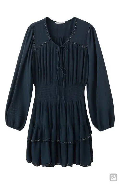 Mango Tie Front Beaded Tiered Mini Dress