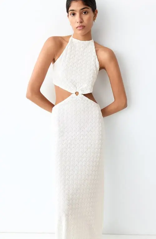 Mango Embroidered Cutout Halter Maxi Dress - Off White
