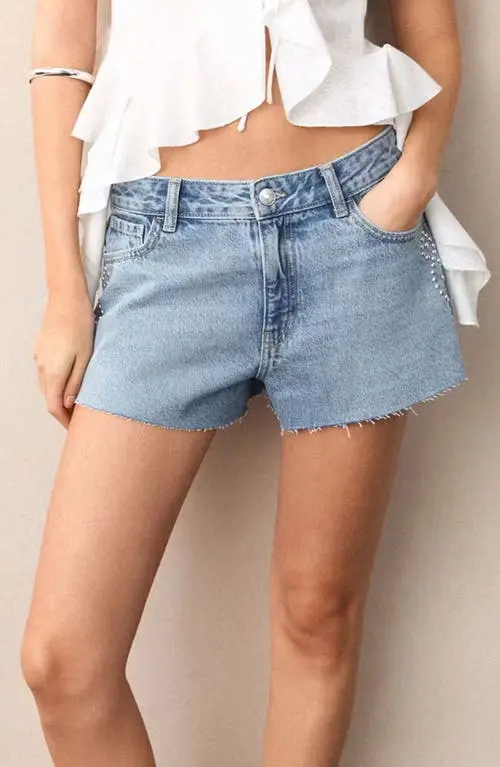 Mango Studded Denim Shorts - Medium Blue