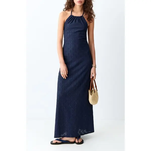Mango Embroidered Halter Neck Denim Maxi Dress - Navy