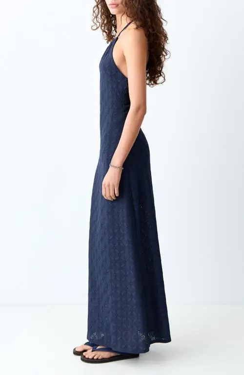 Mango Embroidered Halter Neck Denim Maxi Dress