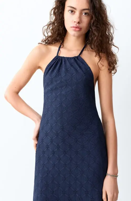 Mango Embroidered Halter Neck Denim Maxi Dress