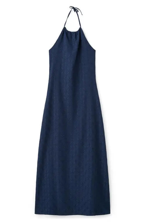 Mango Embroidered Halter Neck Denim Maxi Dress