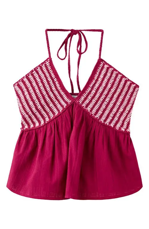 Mango Mixed Media Cotton Crochet Halter Top - Maroon