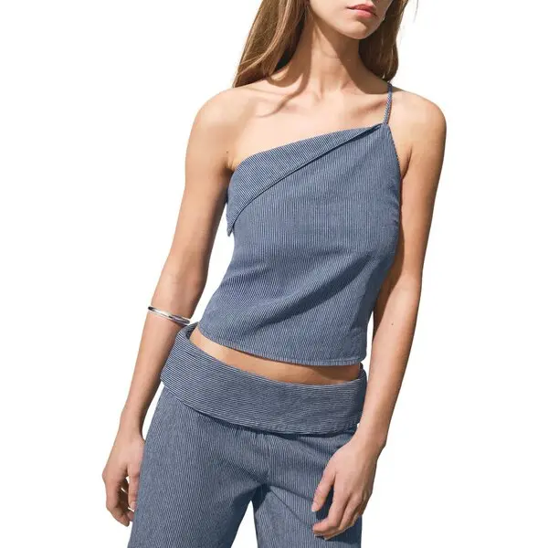 Mango Asymmetrical Striped Cotton Shell - Dark Blue