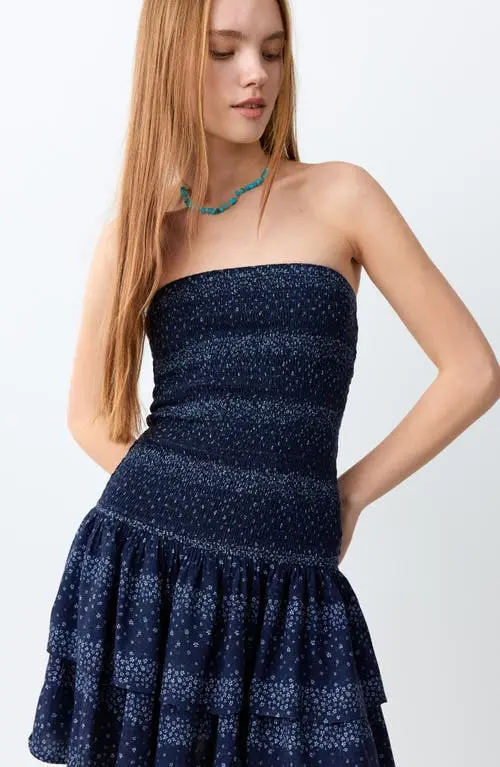 Mango Printed Smocked Strapless Tiered Minidress